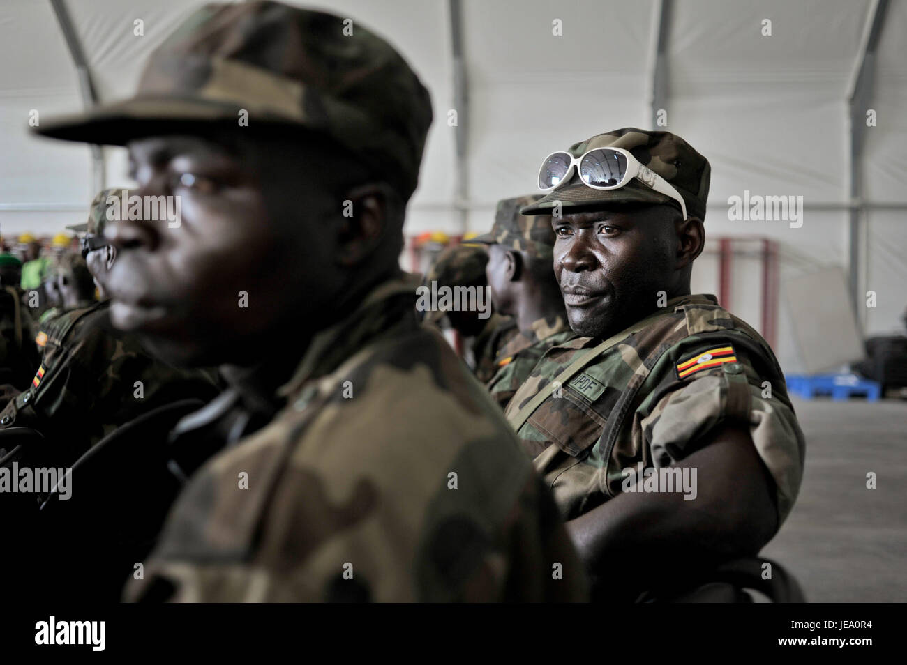 A photograph taken on May 18, 2013, showing Ugandan troops during a ...