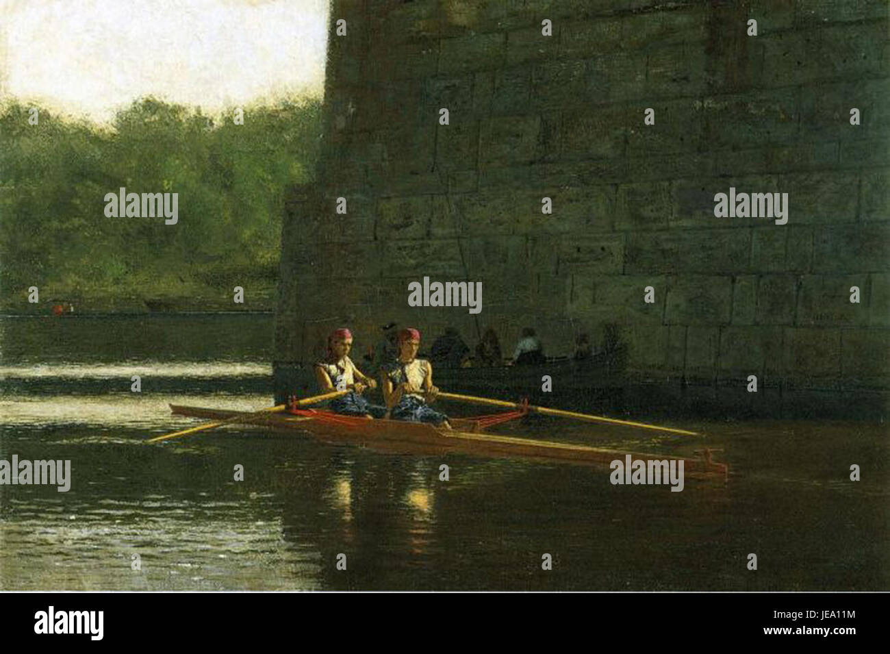 This artwork by Thomas Eakins, titled 'Oarsmen,' created in 1874 ...