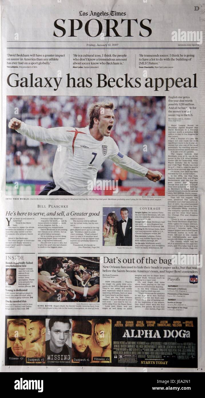 DAVID BECKHAM NEWSPAPER LA TIMES LOS ANGELES LOS ANGELES USA 12 January ...