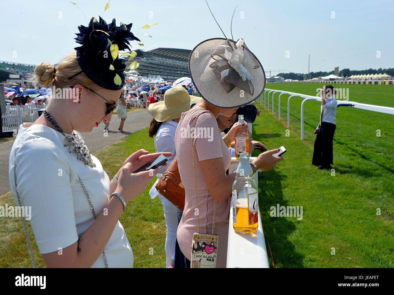 Beautiful young women watch race horses by the track at Ascot on a hot ...
