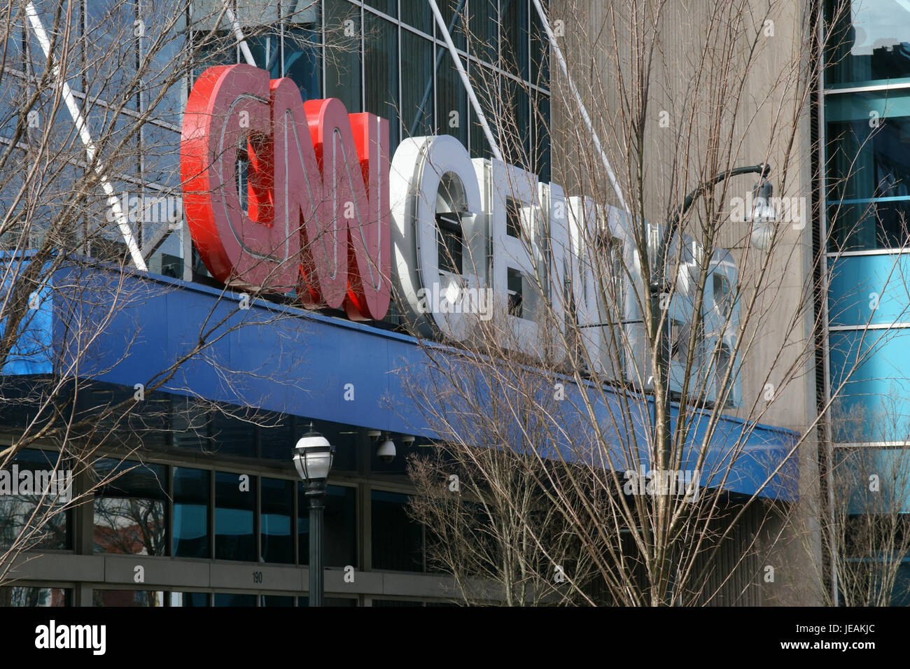 The image shows the CNN Center on Marietta Street in Atlanta, Georgia ...