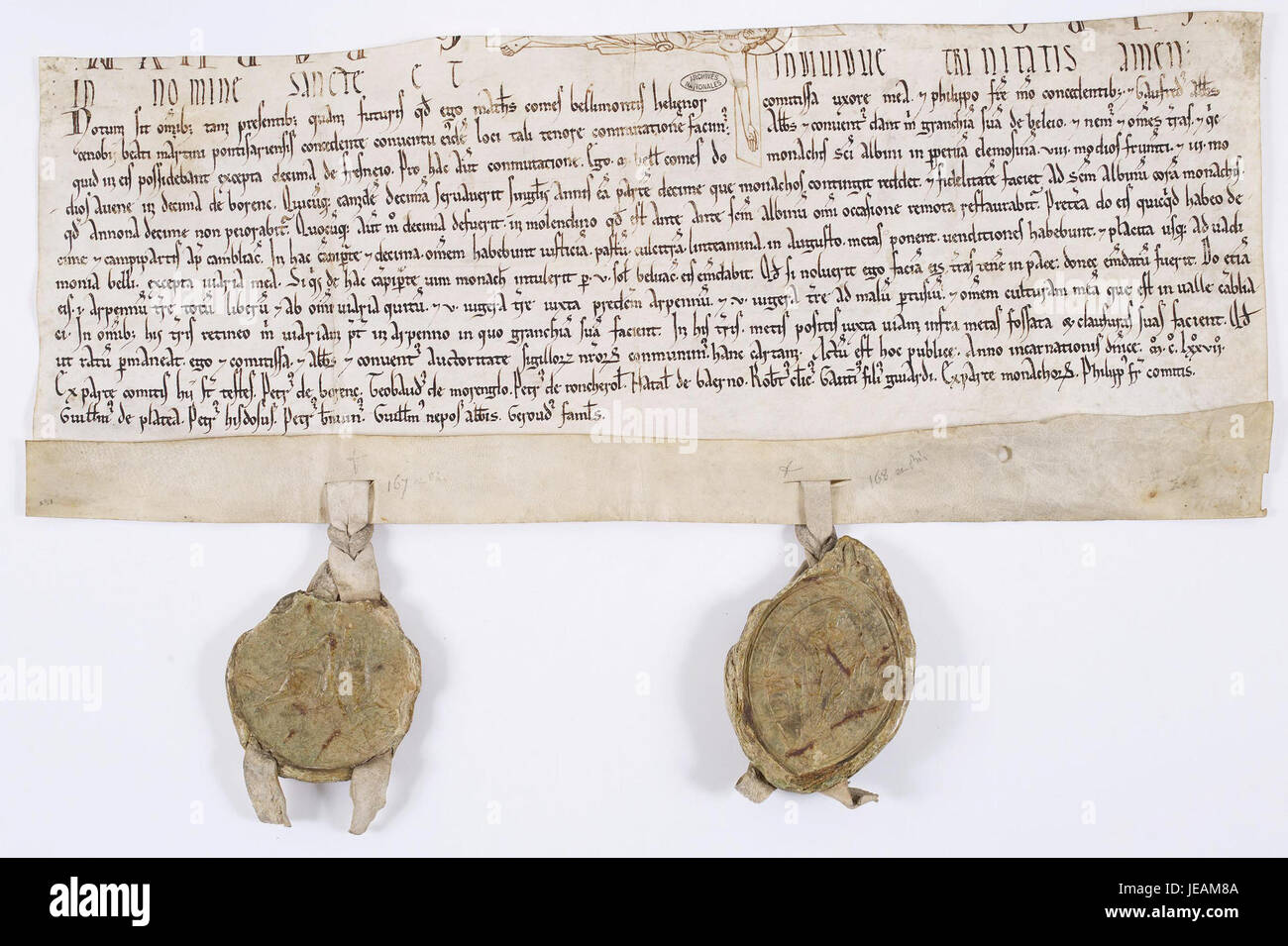 A historical document 'Chirographe de 1177,' preserved in the Archives ...