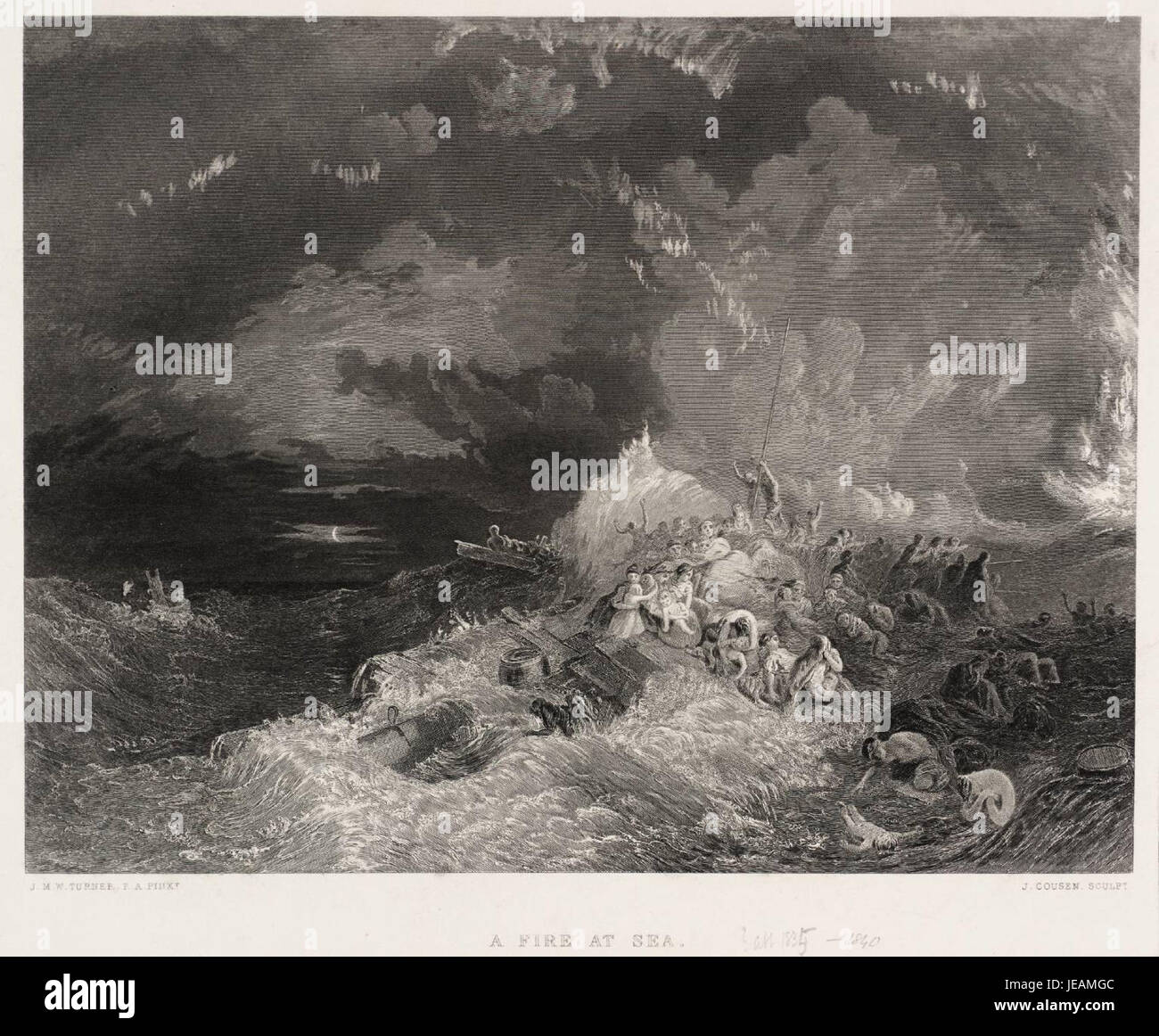 This artwork, 'Fire at Sea,' by Cousen, draws inspiration from Turner’s ...