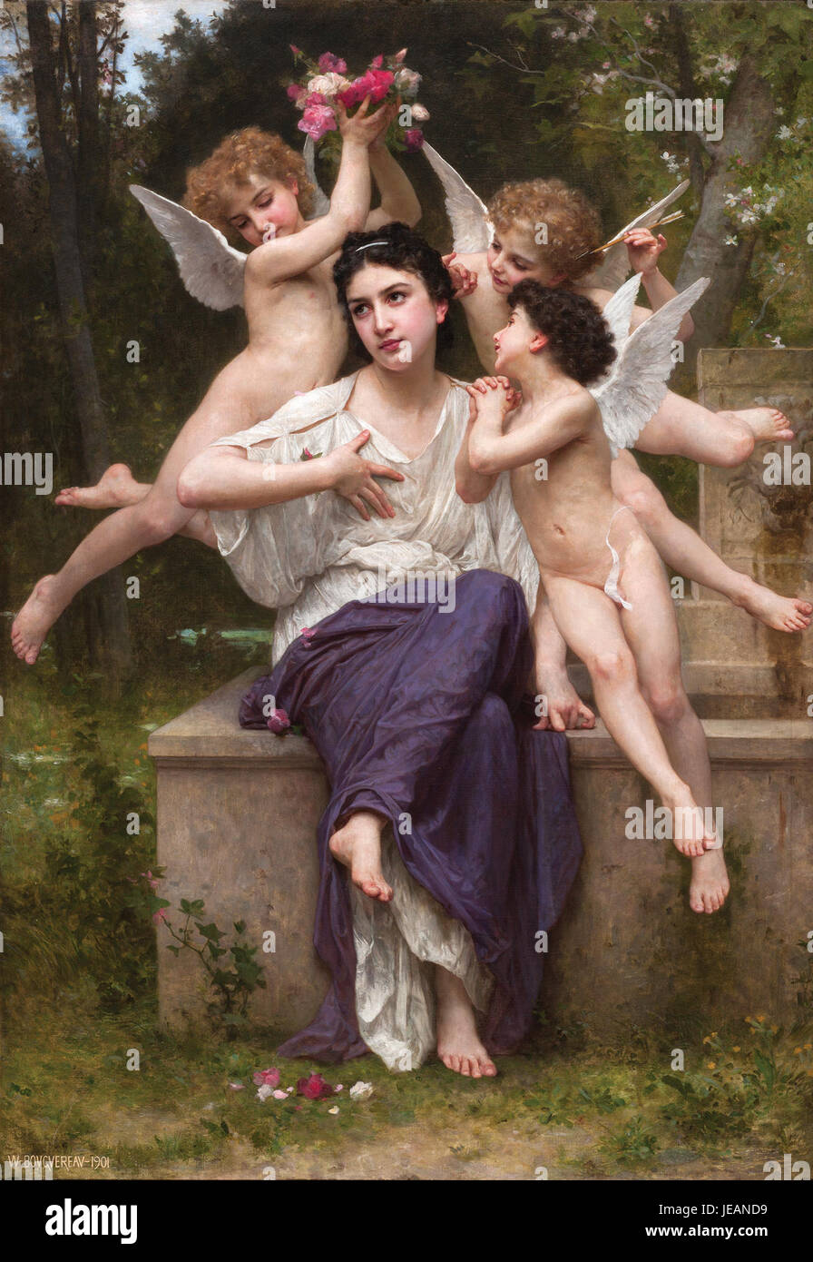 A painting by William-Adolphe Bouguereau, 'A Dream of Spring' (1901), featuring a young woman ...