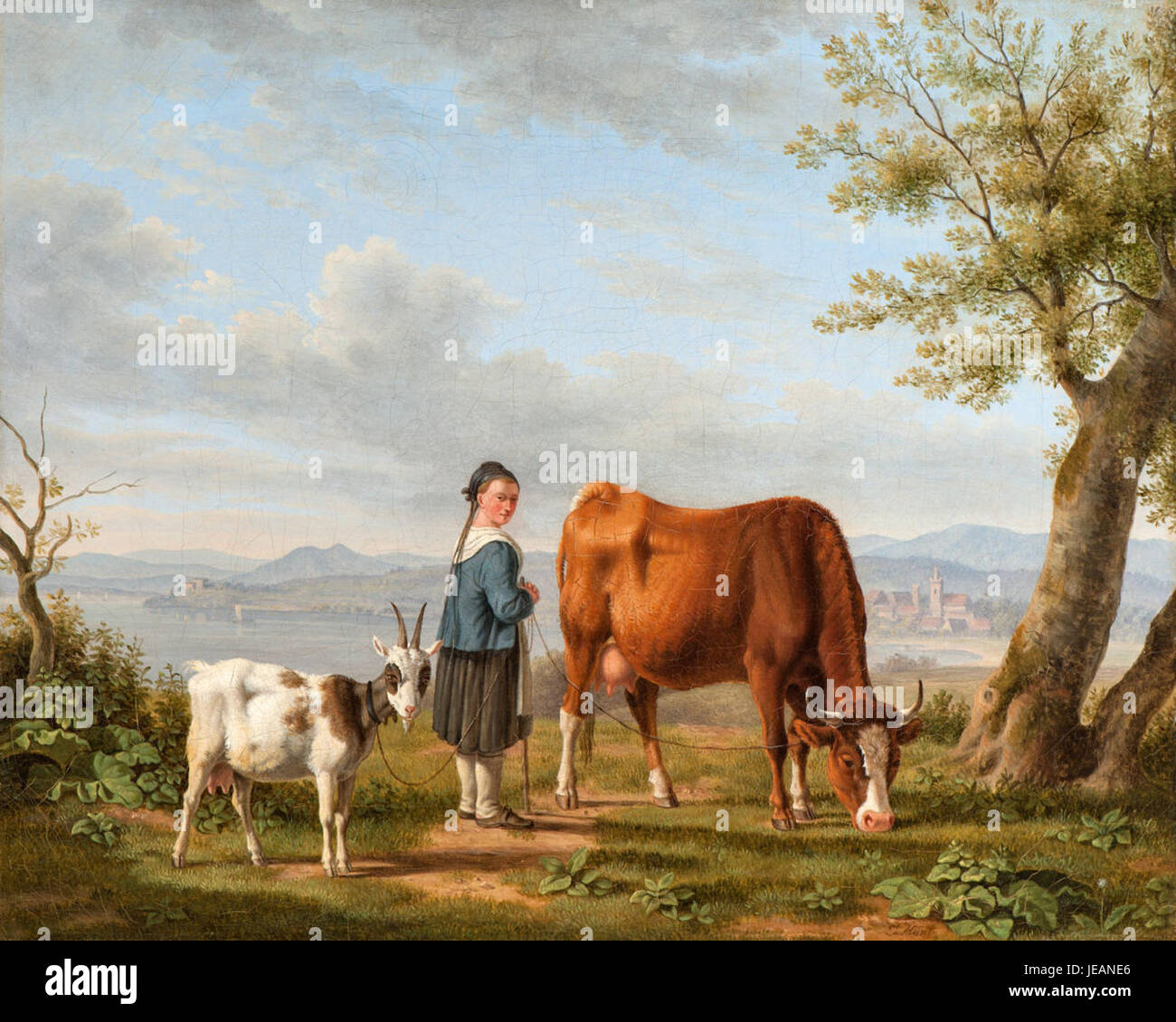 Carl Kuntz's 'Viehhirtin mit Kuh und Ziege' depicts a woman herding ...