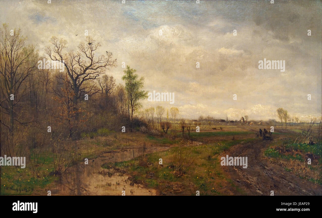 A depiction of a traditional horse-drawn cart in a rural landscape ...