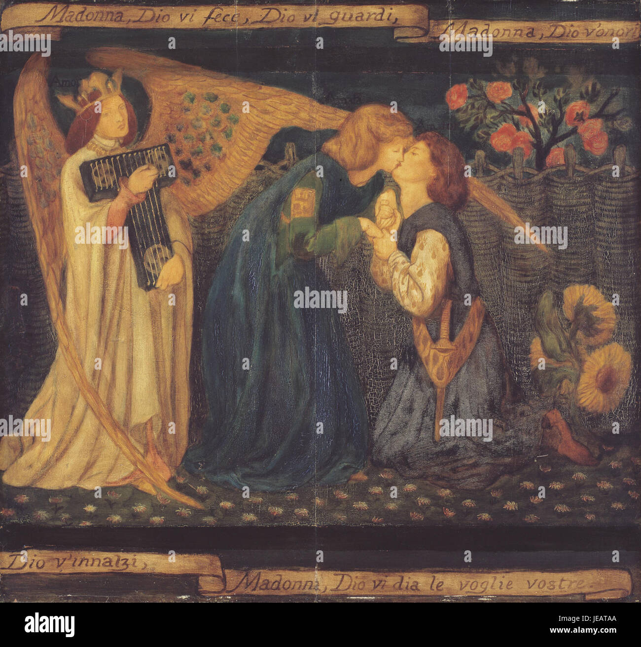 Rossetti’s 'Love’s Greeting' is a romantic painting illustrating a ...