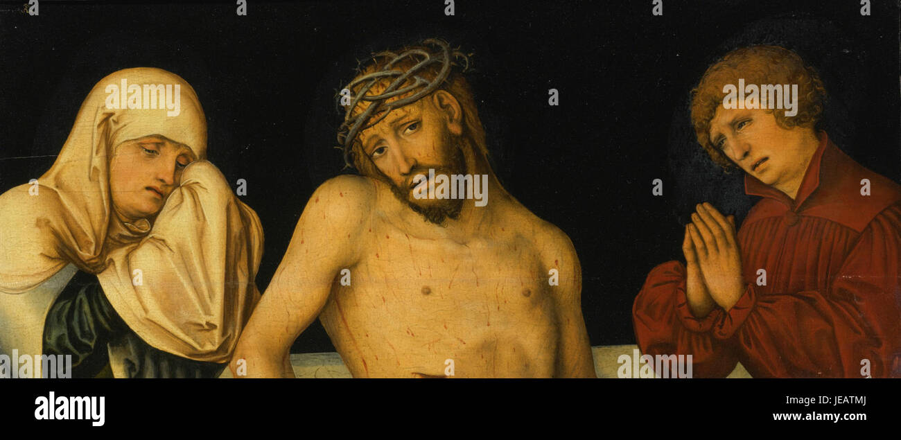 'Christus als Schmerzensmann mit der Jungfrau und Johannes' by Lucas Cranach the Younger depicts ...