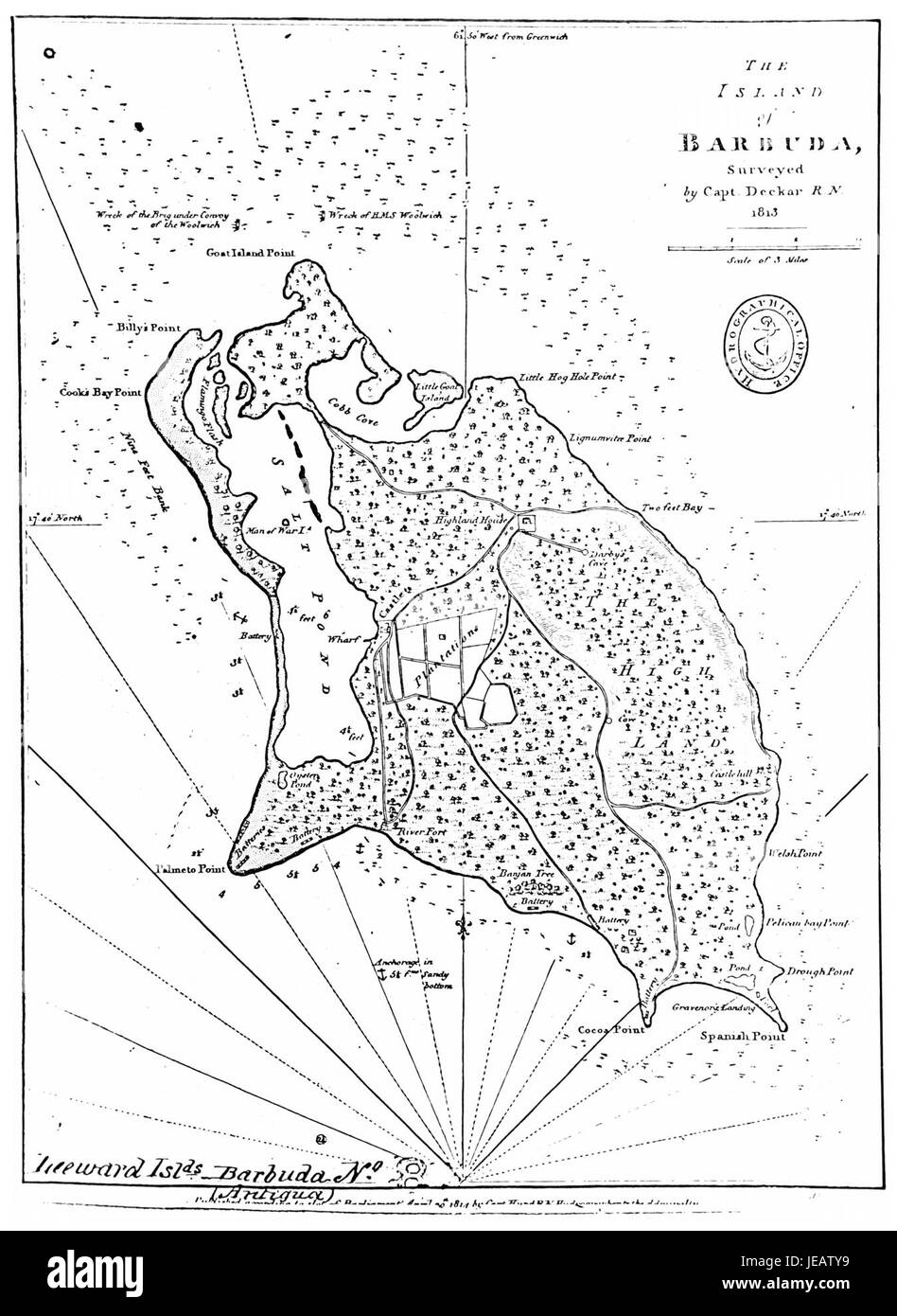 A historical map of Barbuda from 1813, showing the geographical and ...