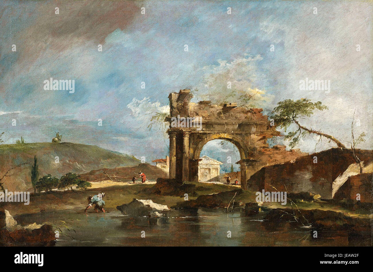 A capriccio painting by Guardi depicting a ruined arch by a riverbank ...