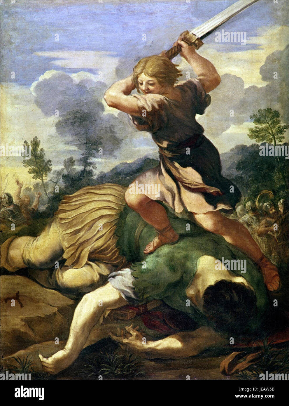 A depiction of the biblical scene where David kills Goliath, a story ...