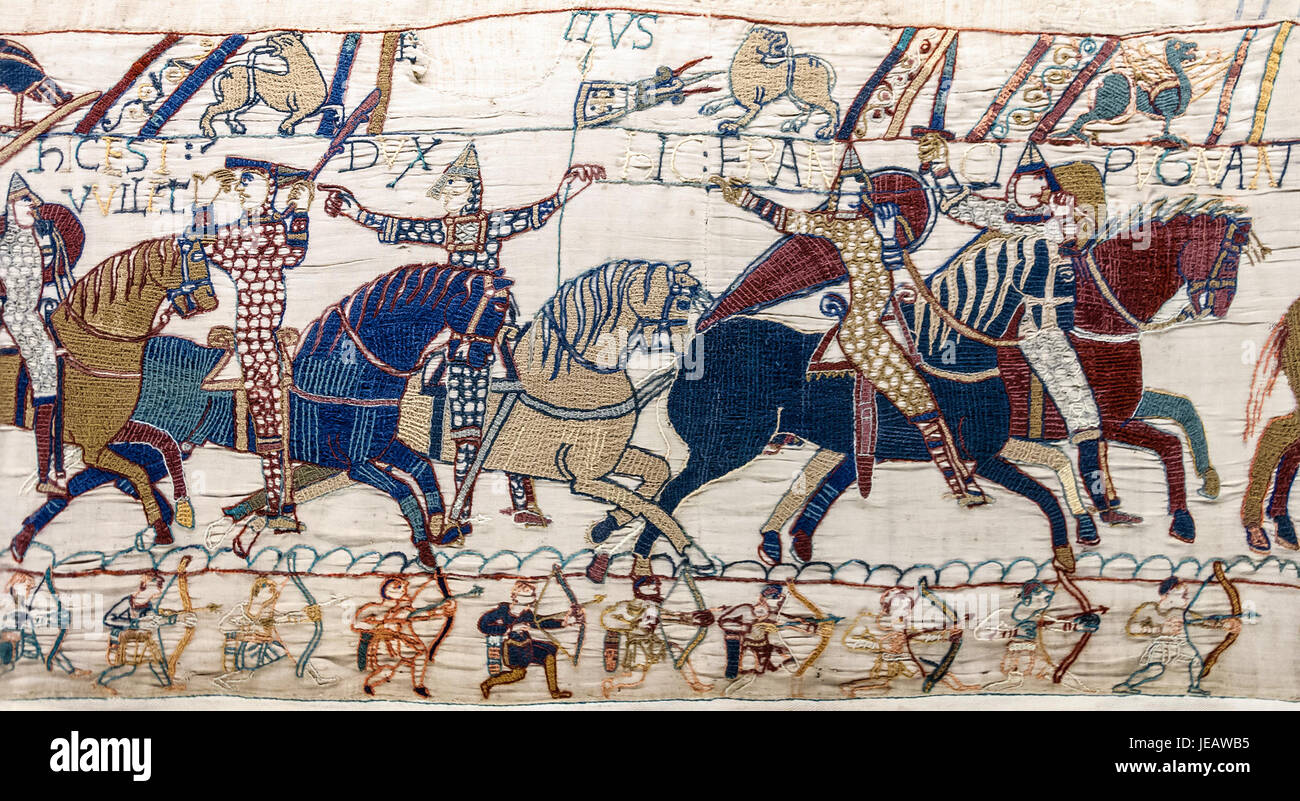 Scene 55 from the Bayeux Tapestry depicts the Battle of Hastings in ...