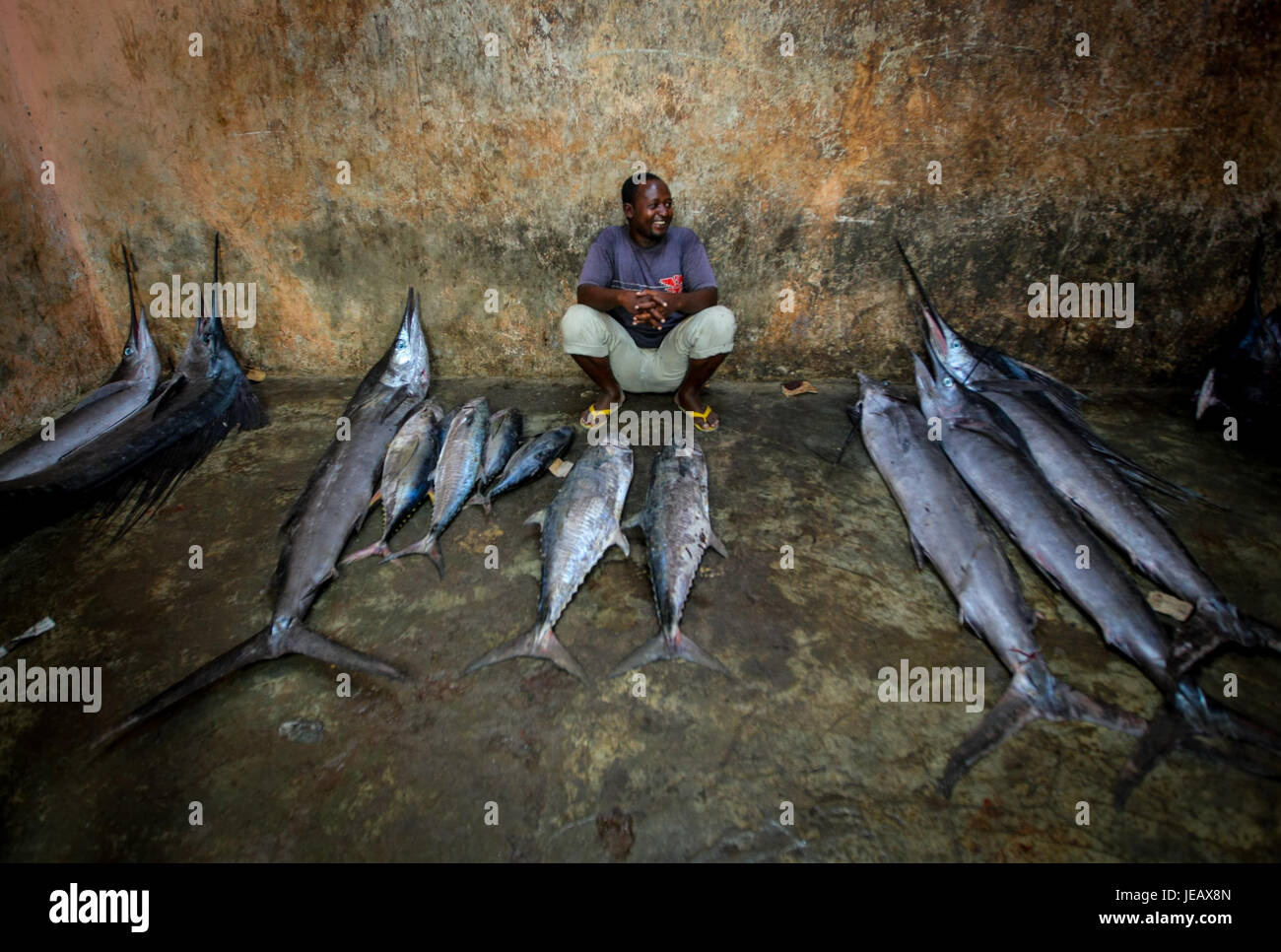 A photo taken on March 16, 2013, depicting Somali fishermen at work ...