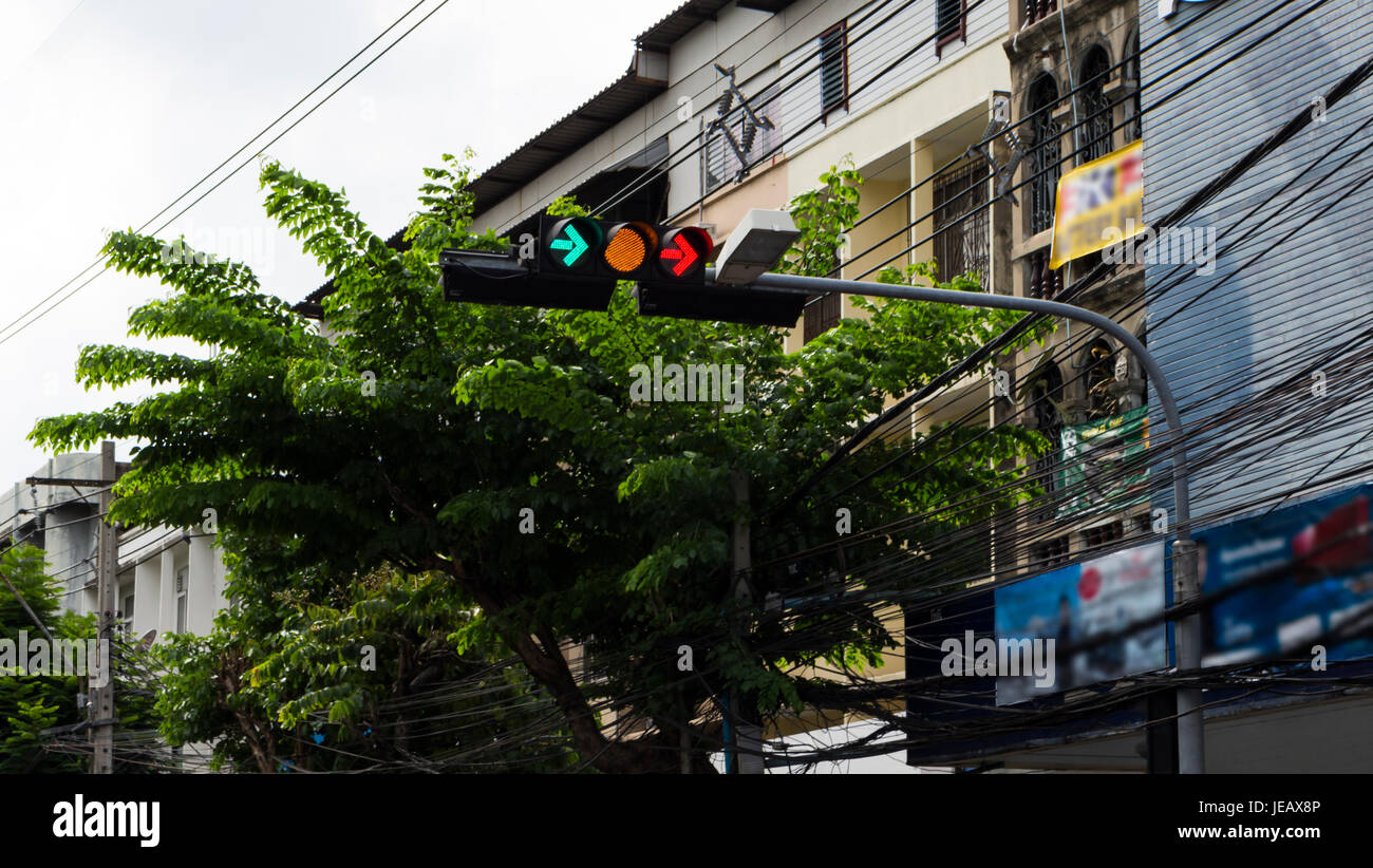 Faulty traffic light signal. A traffic light signal with all three ...