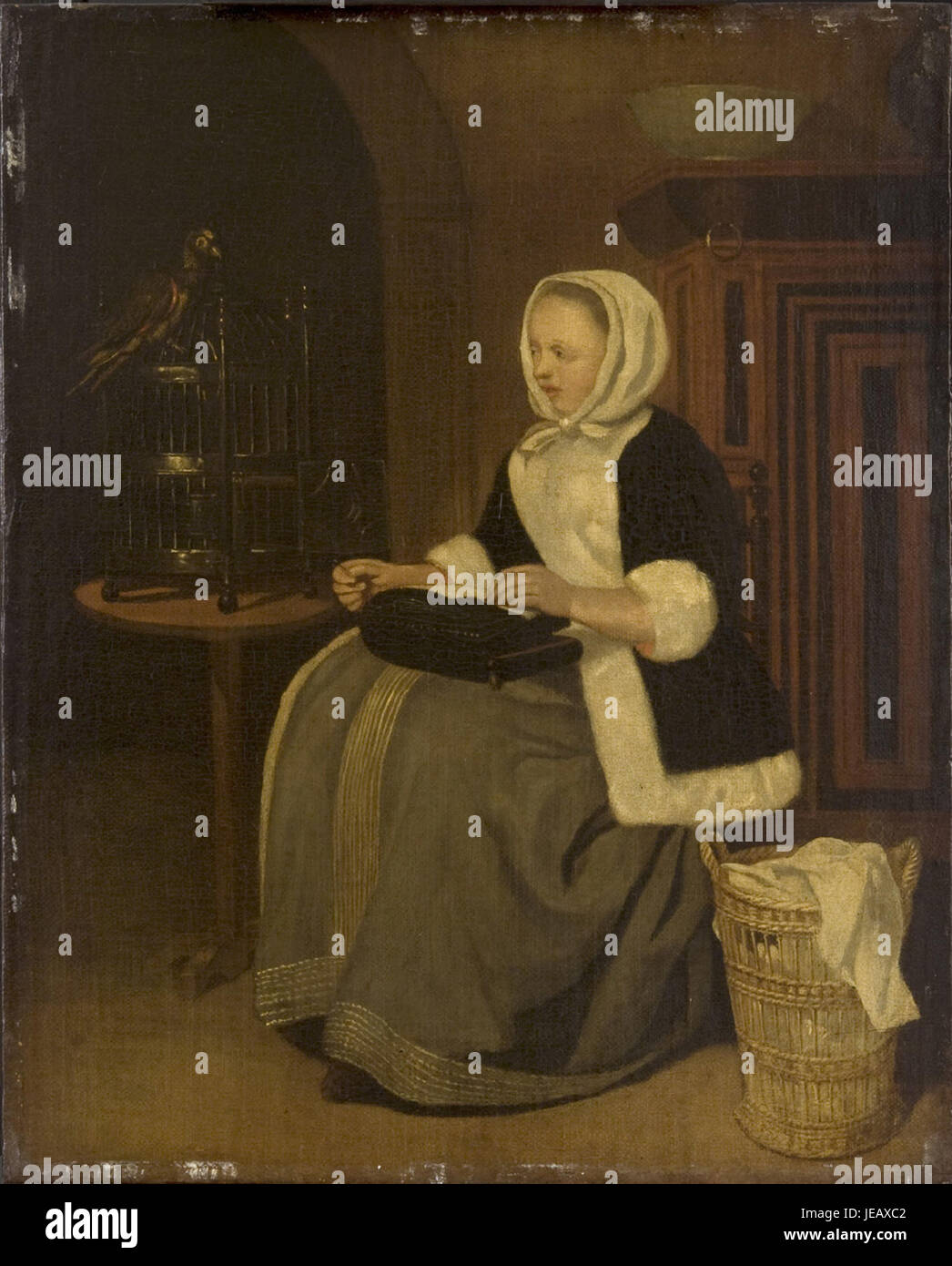 This artwork, attributed to Gabriel Metsu, portrays a young lady sewing ...