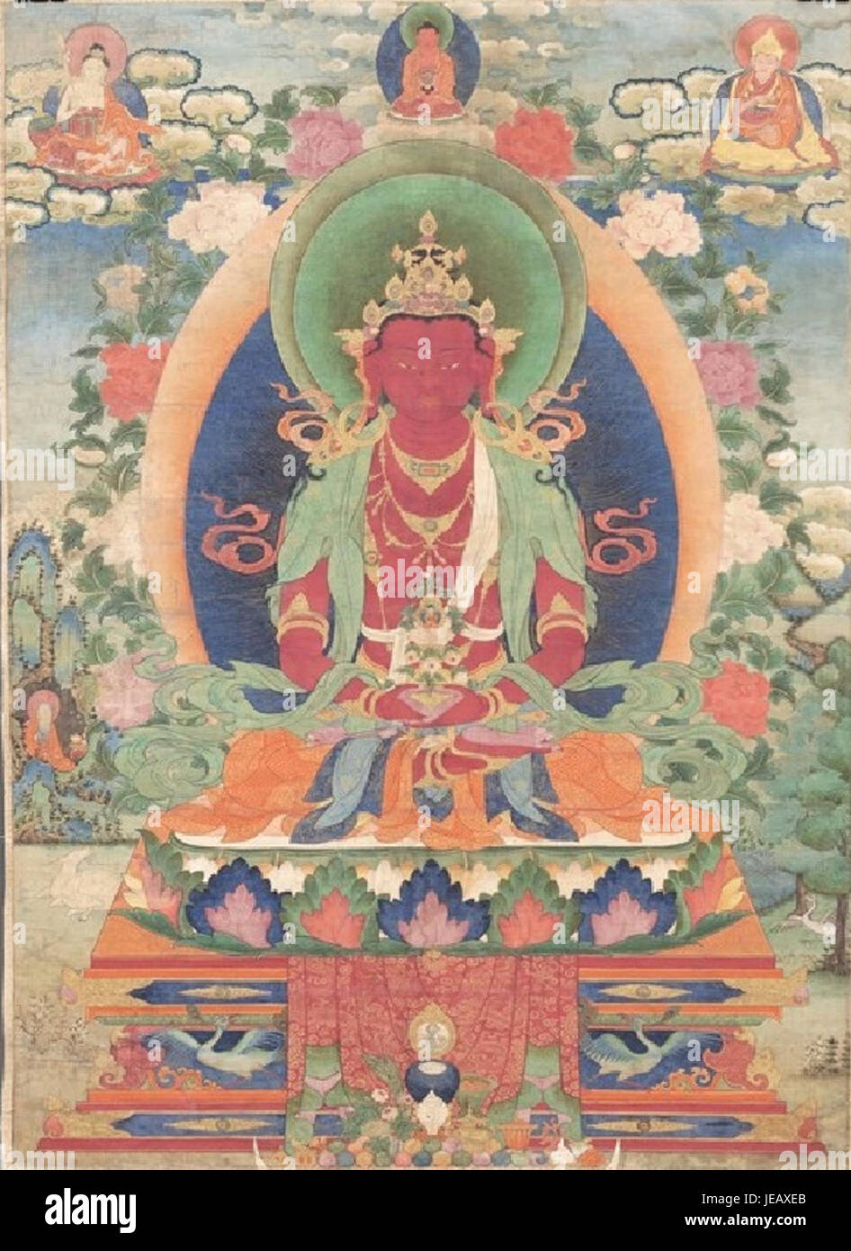 A traditional Buddhist thangka painting of Amitayus, an aspect of the ...