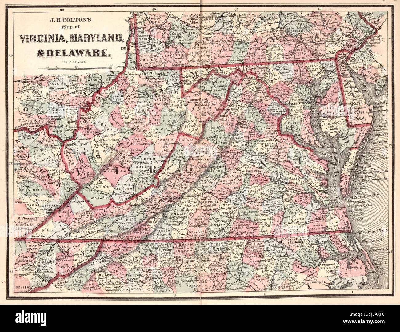 A historical map by Colton depicting the geography of Virginia ...