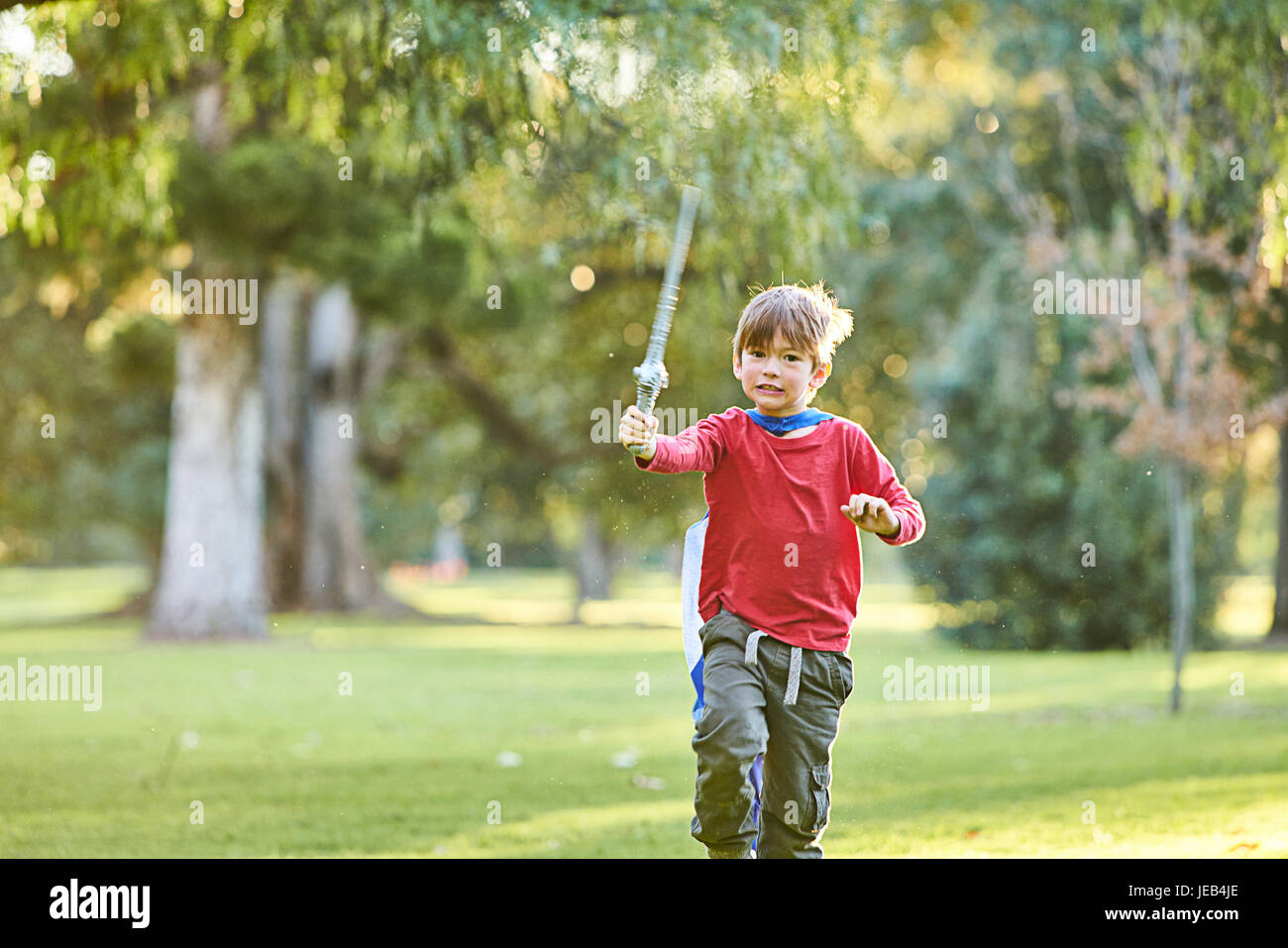 young boy playing in park with toy sword Stock Photo - Alamy