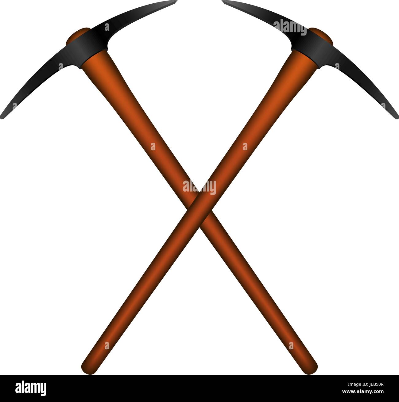 Two crossed mattocks in black design with wooden handle on white ...