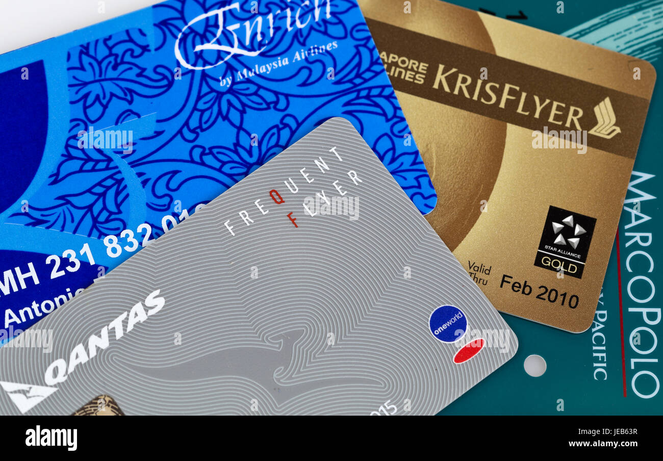 Illustrative editorial collage showing a number of frequent flyer cards ...