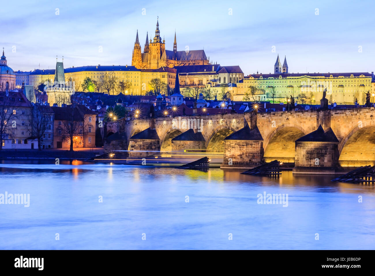 Panoramic view of Prague castle, charles bridge and Vltava river in Prague at dusk, Czech ...