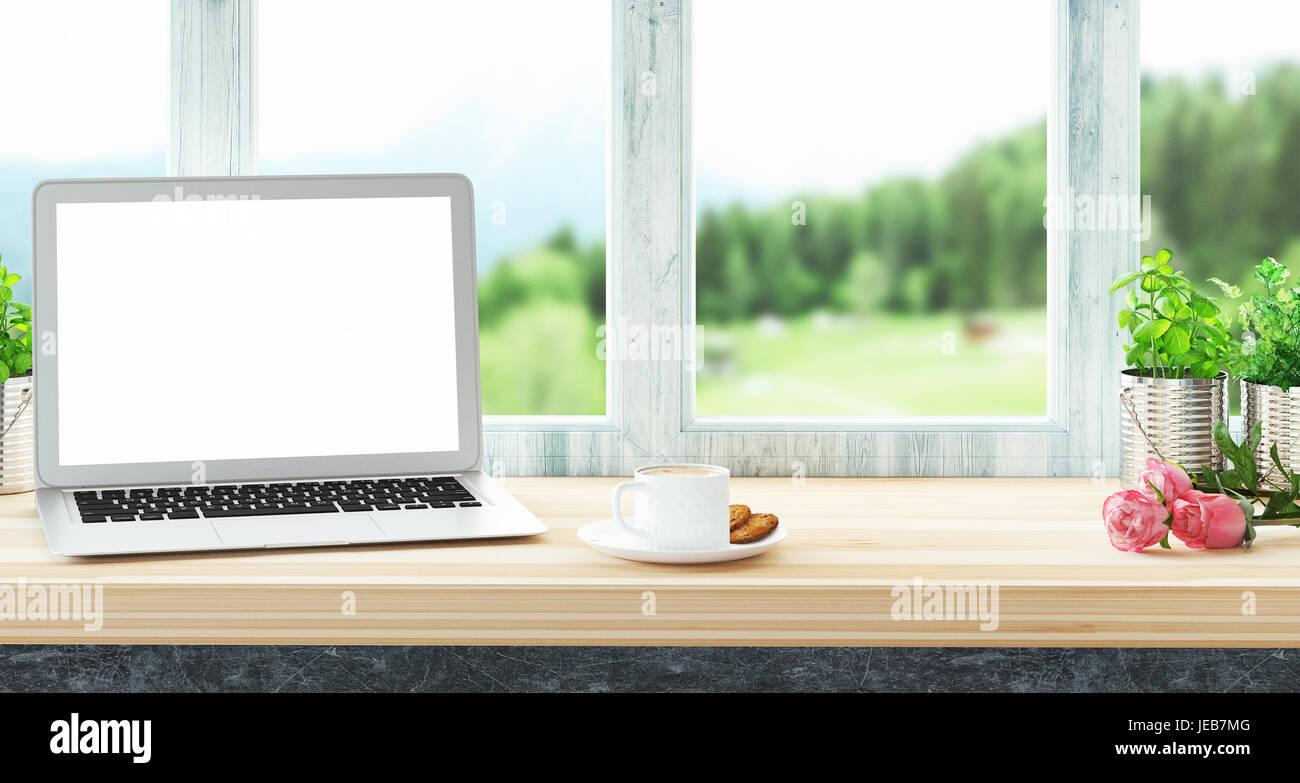 Computer with mountain view Stock Photo - Alamy