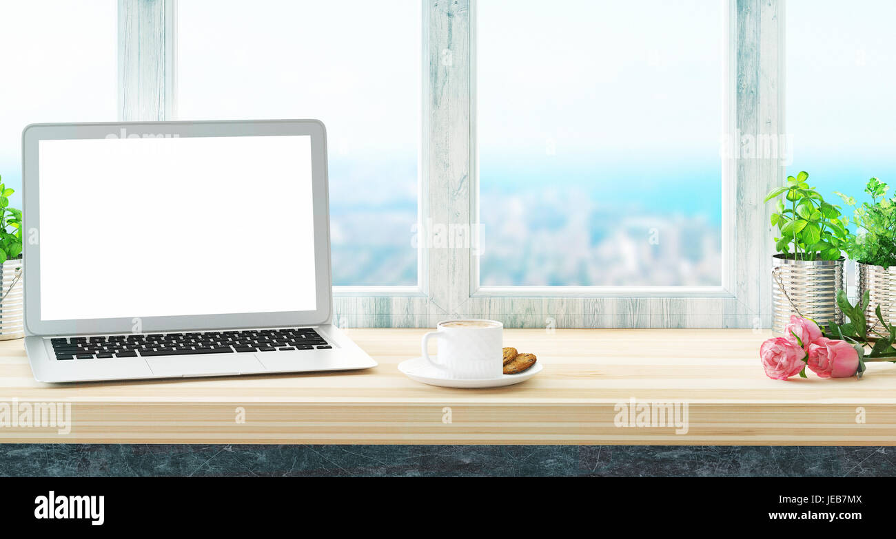 Computer with view on city Stock Photo - Alamy