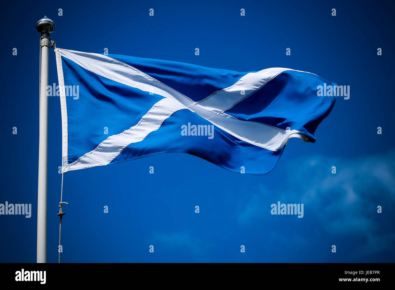 Scotland flag flying in sunshine against blue sky Stock Photo - Alamy