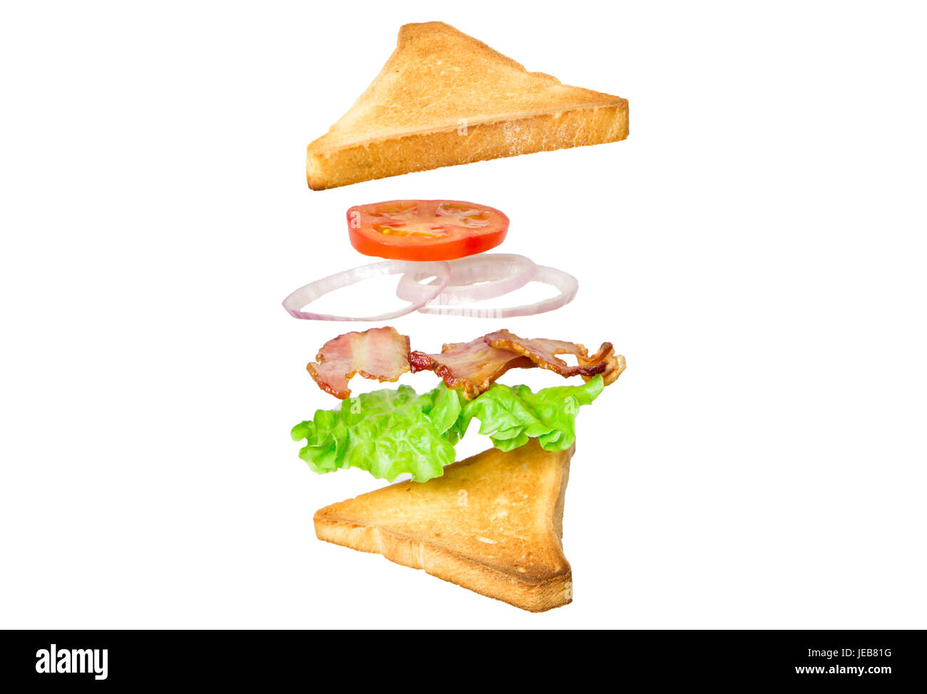 Fresh sandwich with flying ingredients isolated on white background ...