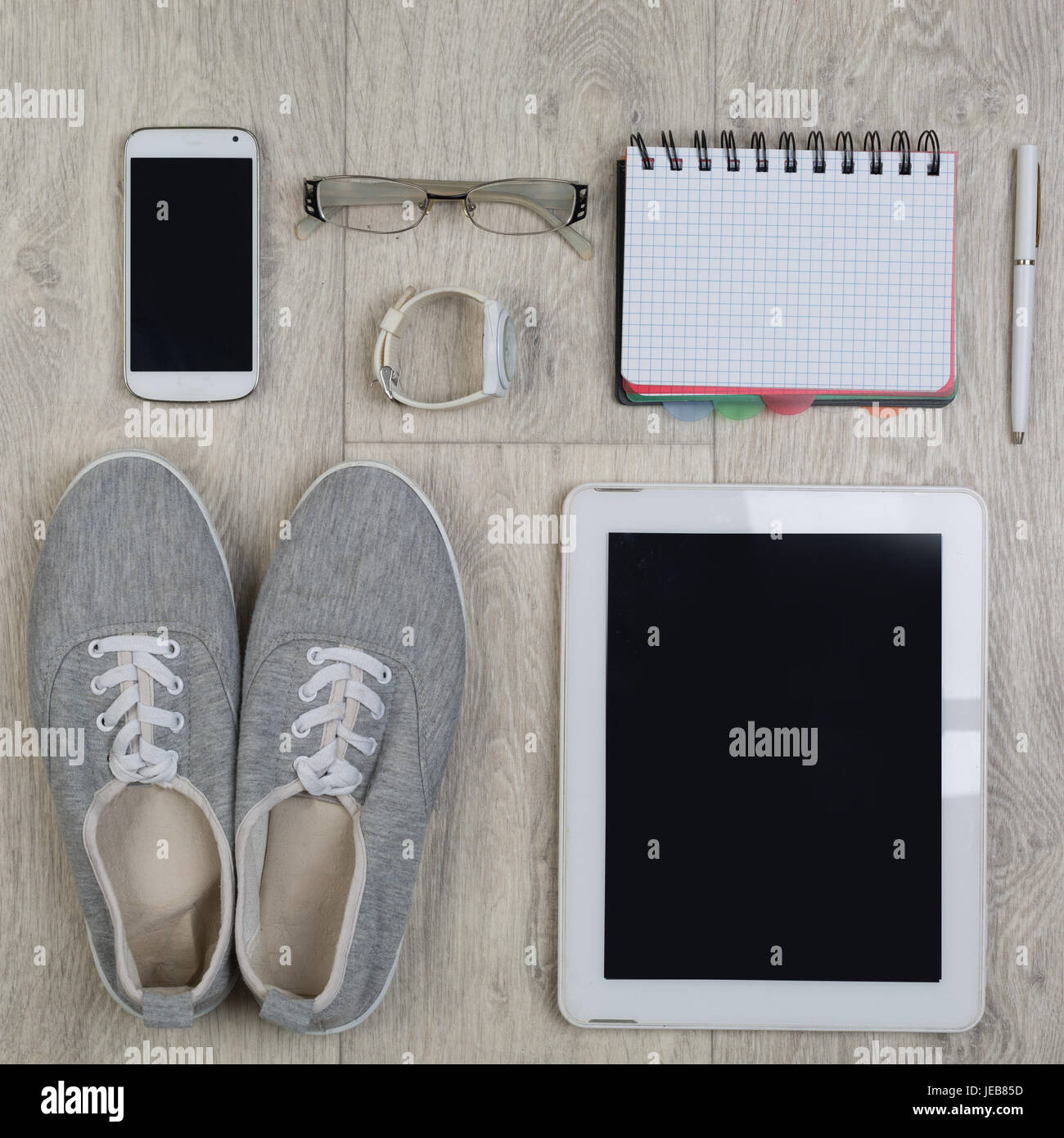 Flat lay of objects for traveler. young woman or man. Overhead view of ...