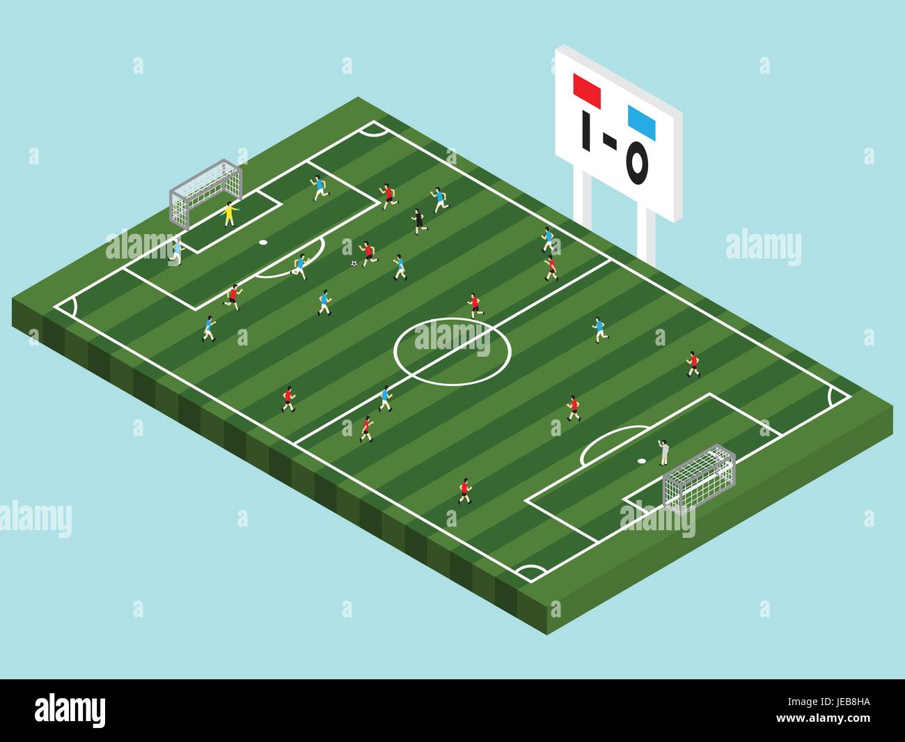 Isometric Soccer Competition On Green Field With Red & Blue Players ...