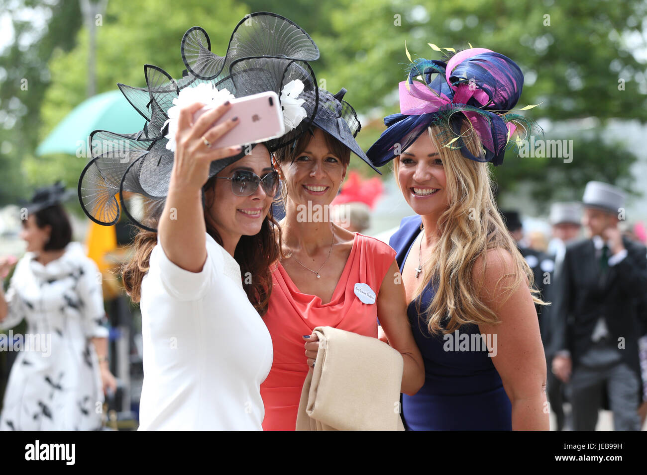 Female racegoers take a selfie during day four of Royal Ascot at Ascot ...