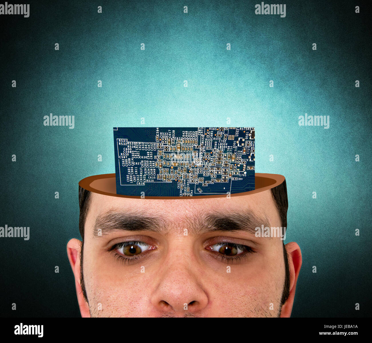 man with the open head and electronic chip Stock Photo - Alamy
