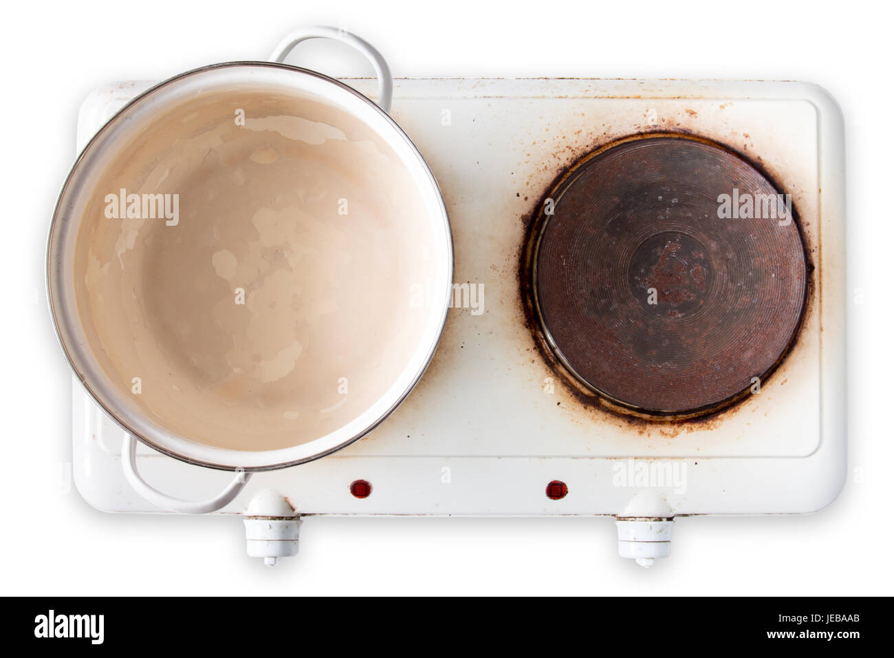 Old rusty electric cooker and empty pot, isolated on white background ...