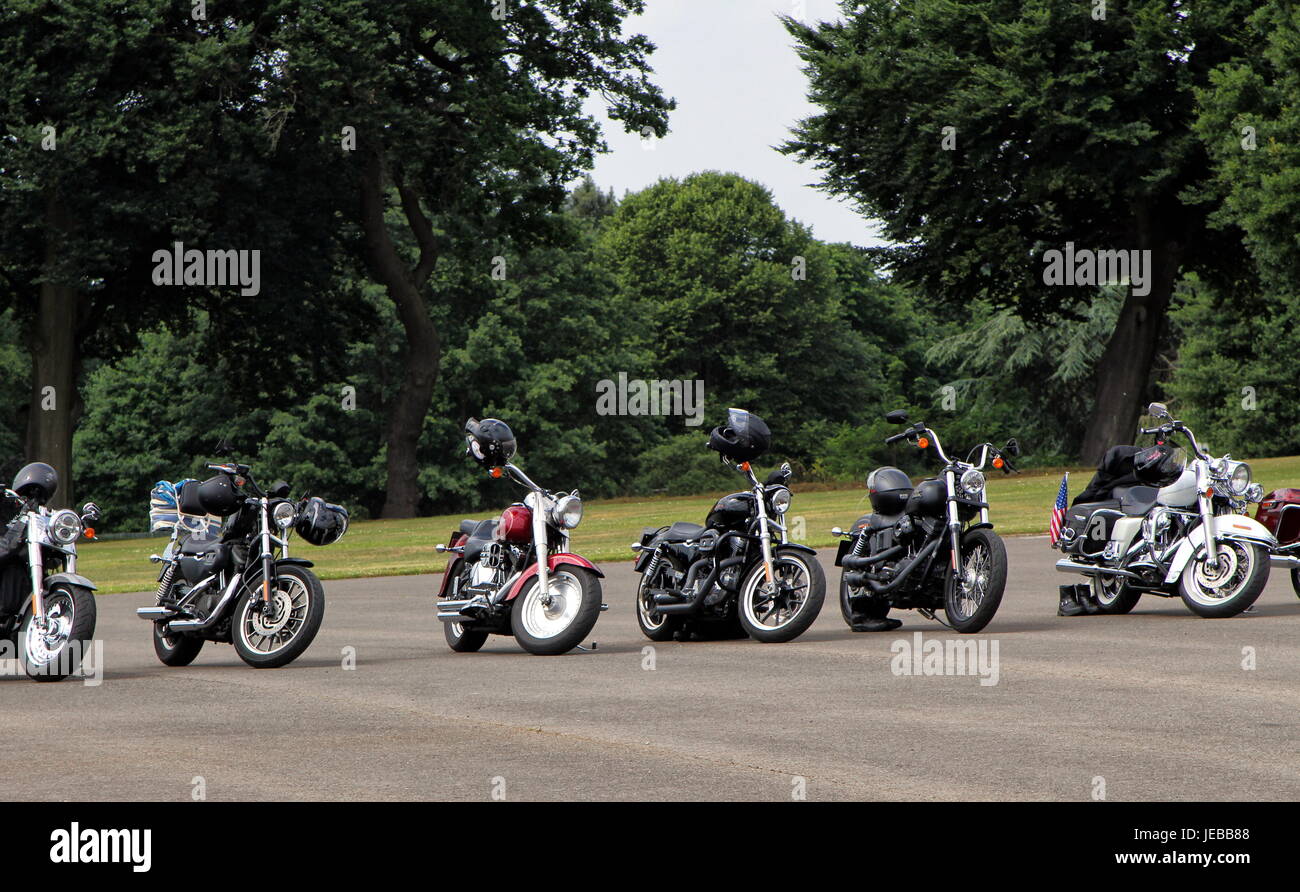 Sandhurst, UK - June 18 2017: Row of motorcycles left parked in front ...