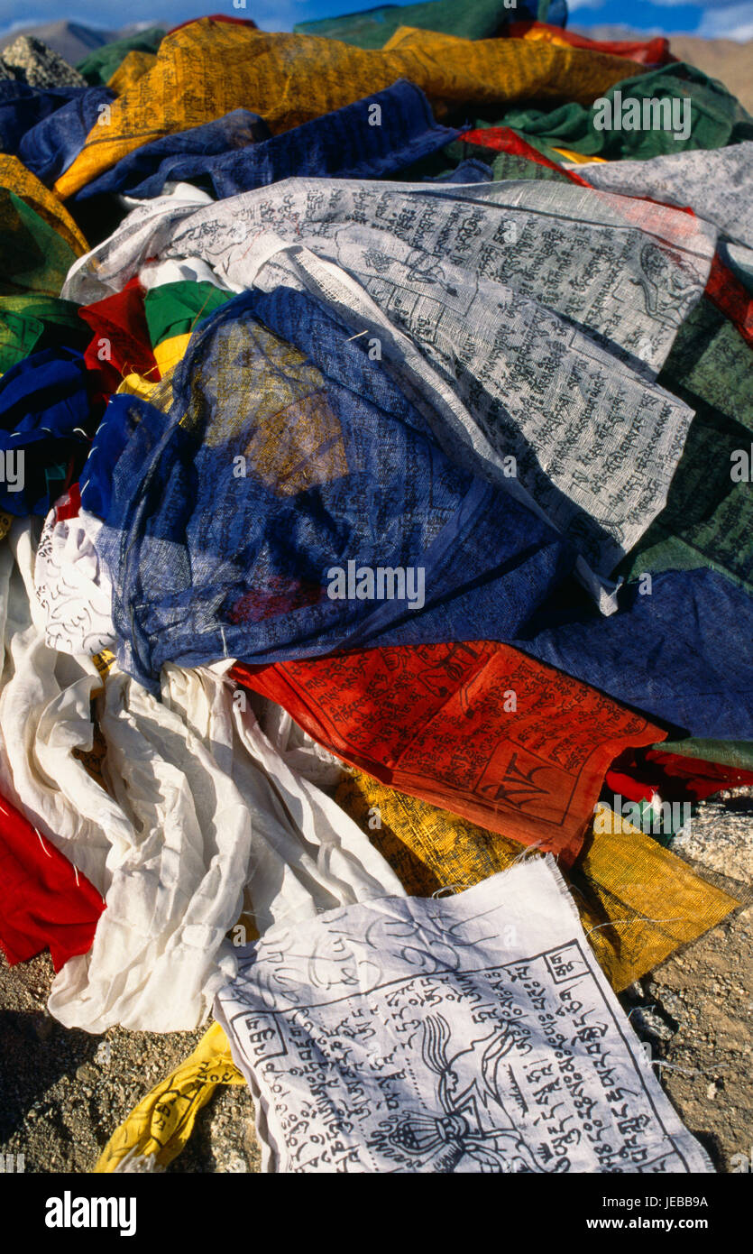 India, Ladakh, Religion, Close view of piled Buddhist prayer flags ...