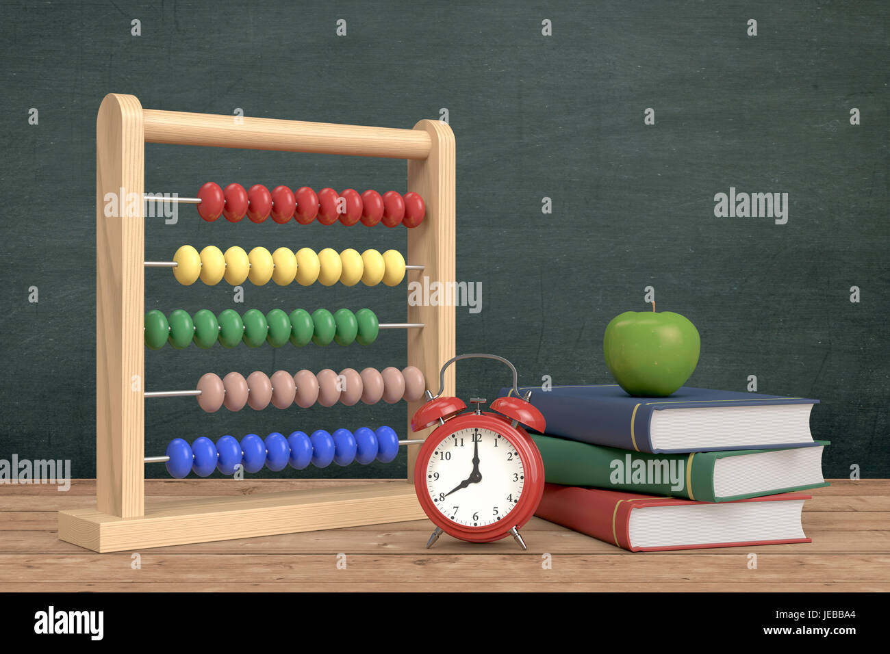 front view of a vintage alarm clock, an abacus with text: back to ...