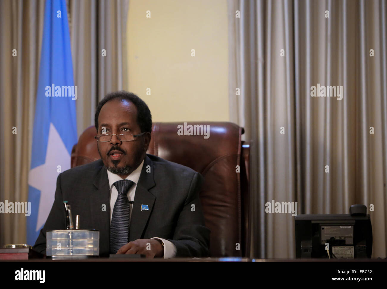 This image shows President Hassan Sheikh Mohamud of Somalia during a ...