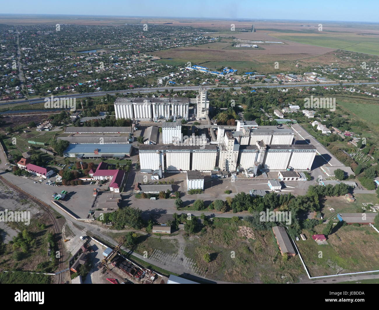 Top view of a silo elevator. The huge building for storing and drying ...