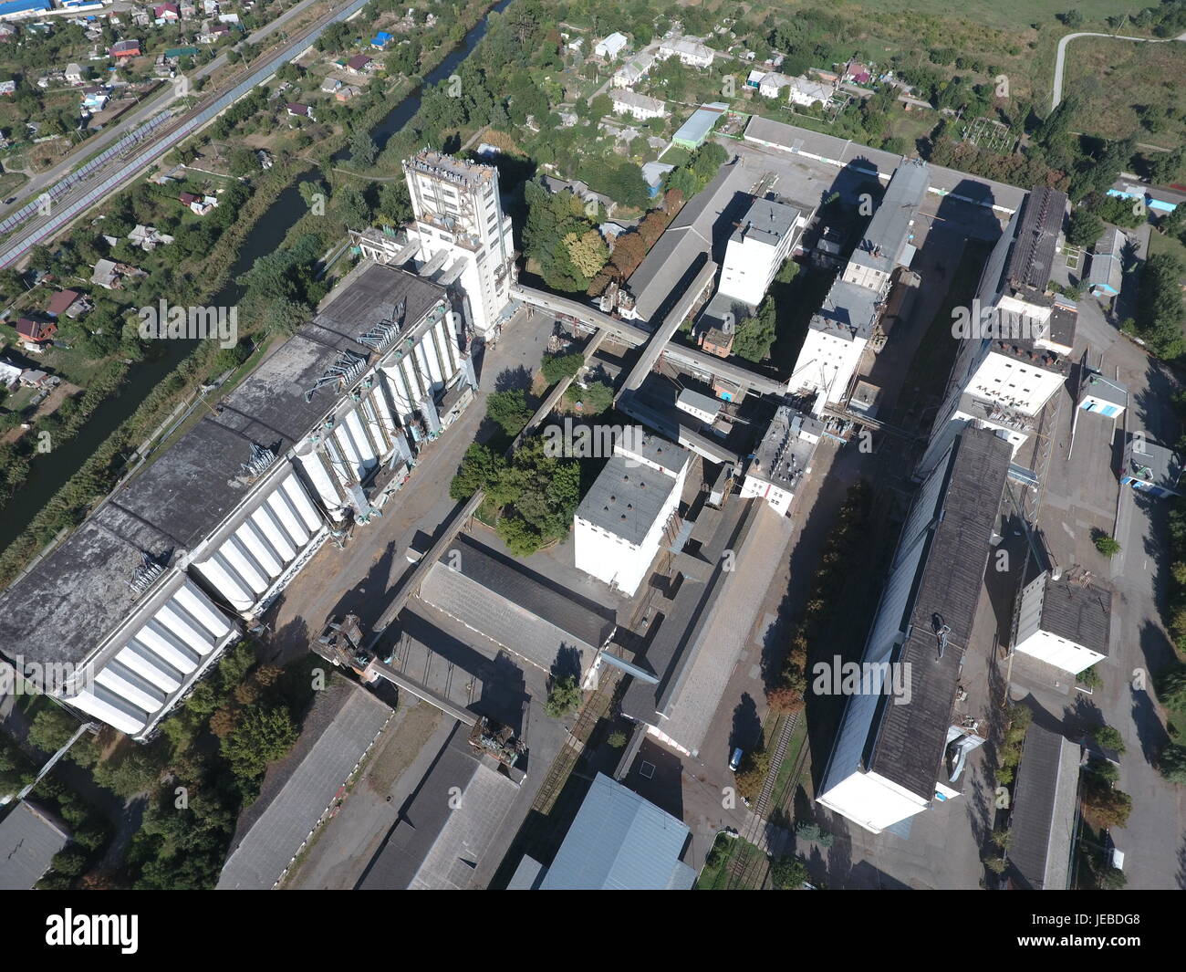 Top view of a silo elevator. The huge building for storing and drying ...