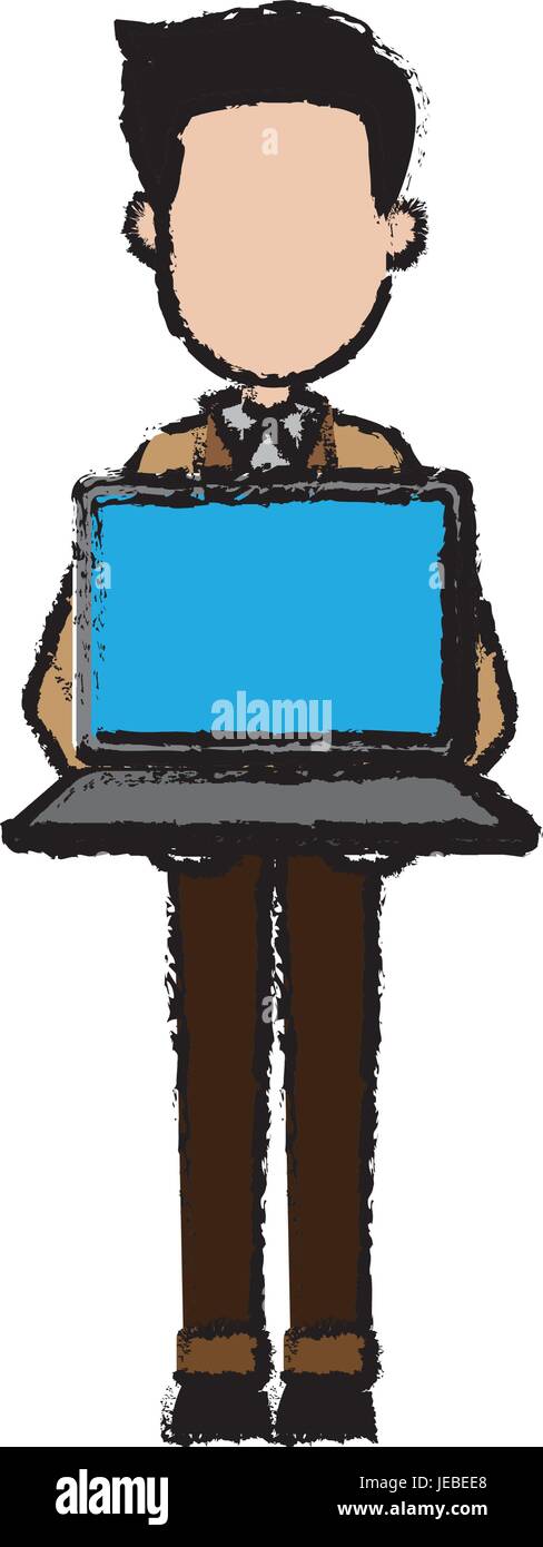 Cartoon Illustration Man Holding Laptop High Resolution Stock ...