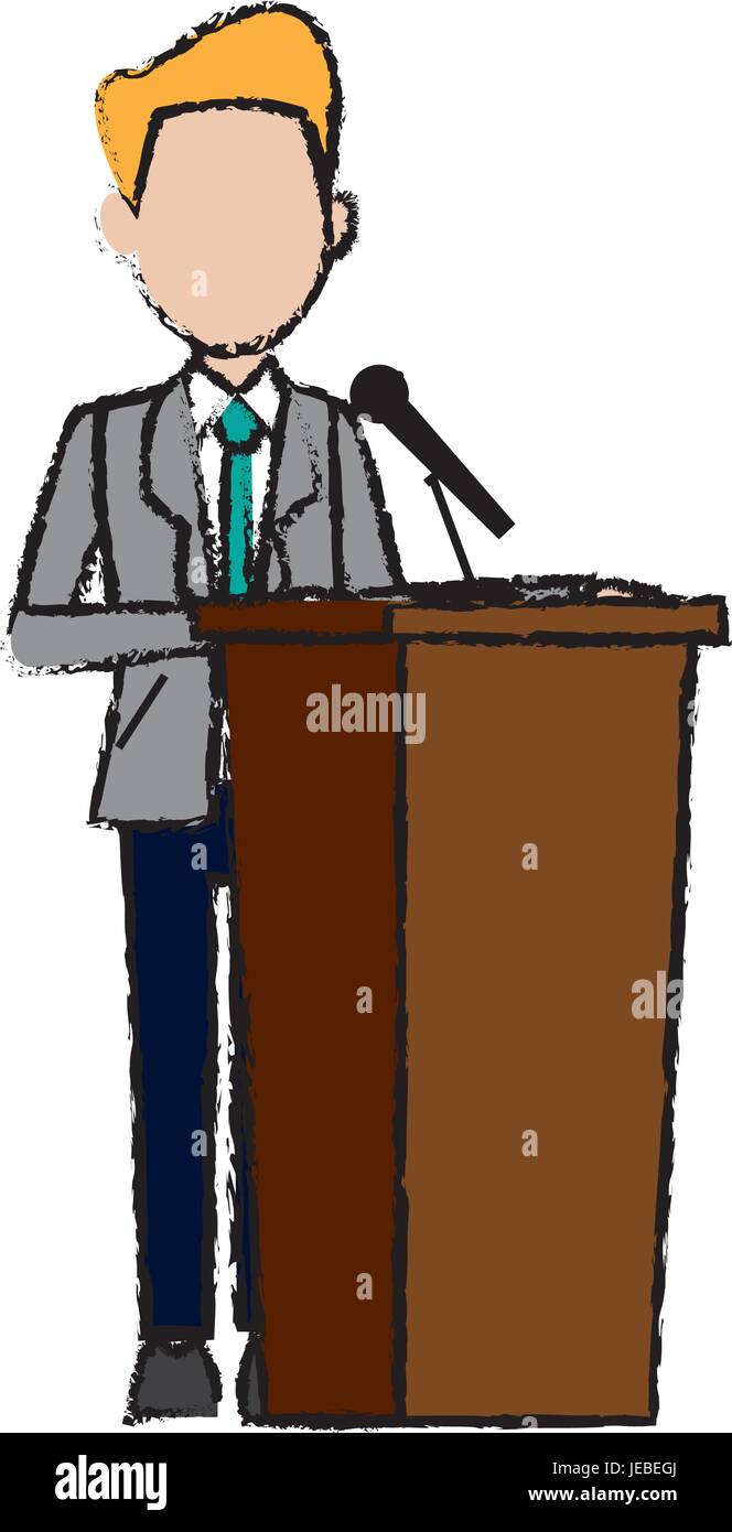 Politician man standing behind rostrum and giving a speech. Vector ...