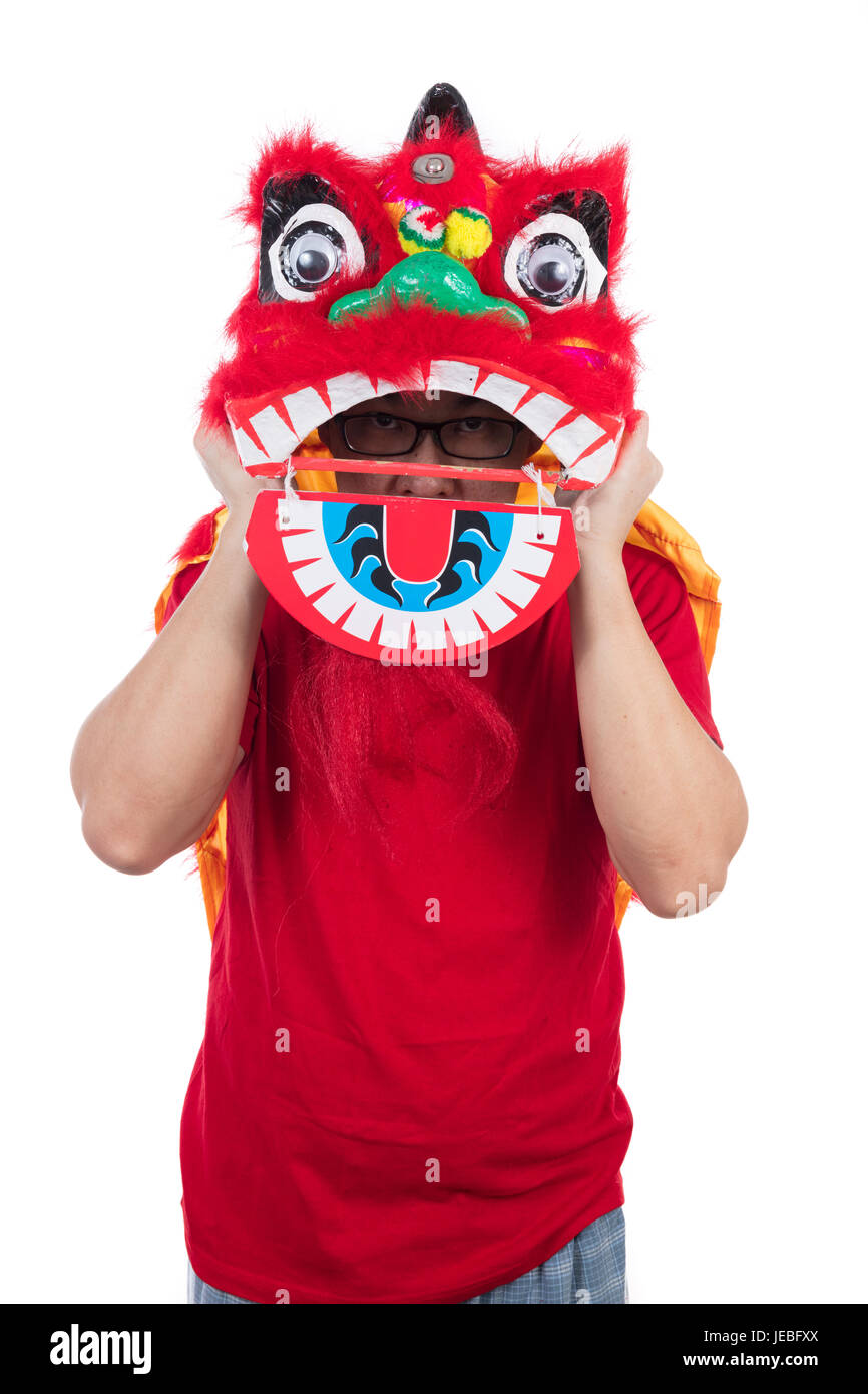 Asian Chinese man perform lion dance celebrating Chinese New Year in ...