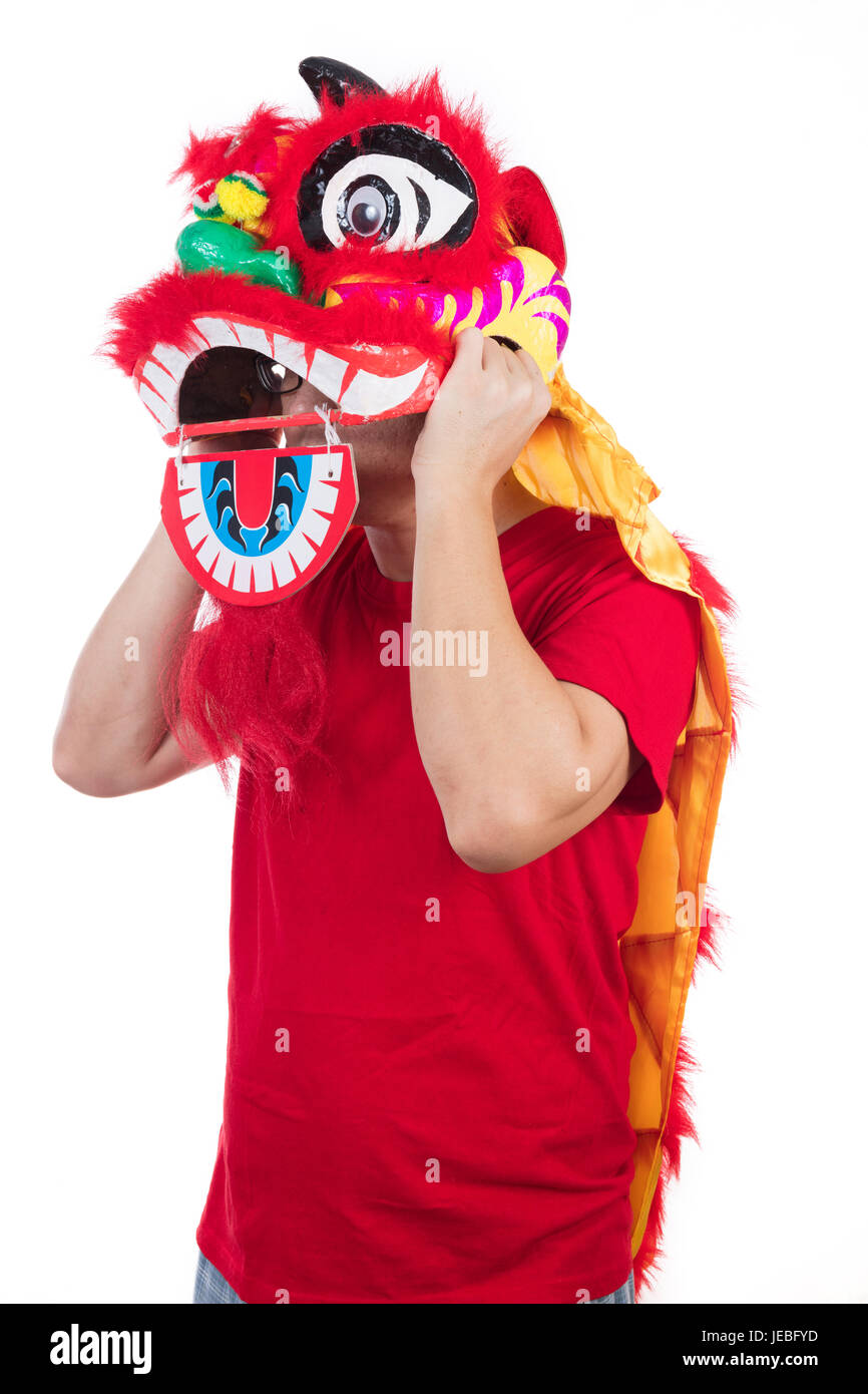 Asian Chinese man perform lion dance celebrating Chinese New Year in ...