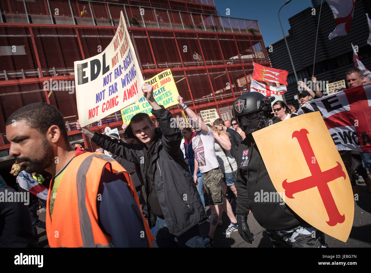 Birmingham, West Midlands, UK. 8th April 2017. Pictured: EDL supporters ...