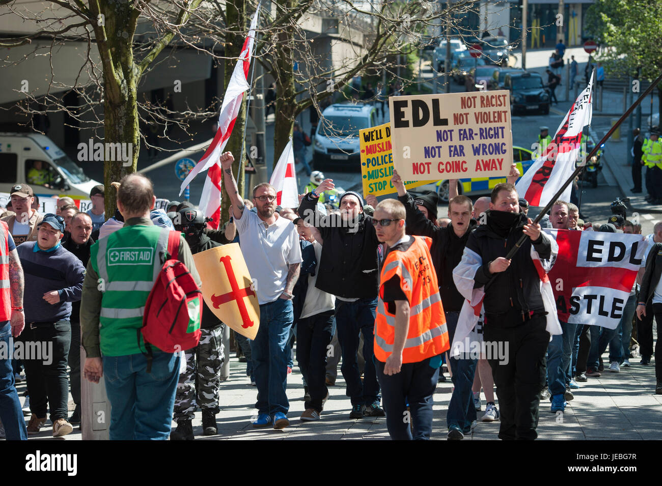 Birmingham, West Midlands, UK. 8th April 2017. Pictured: EDL supporters ...