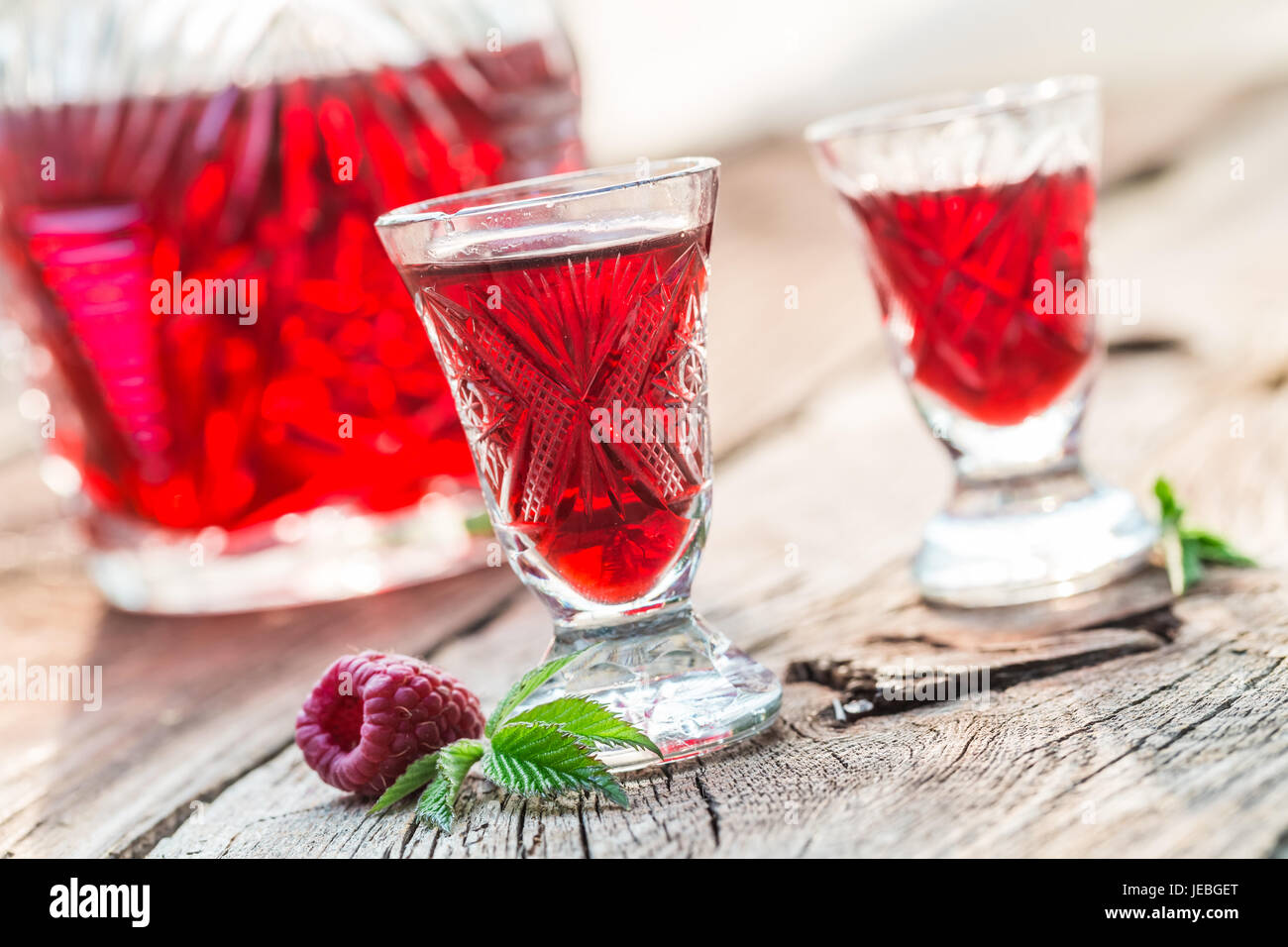 Fresh liqueur with alcohol and raspberries in summer Stock Photo - Alamy