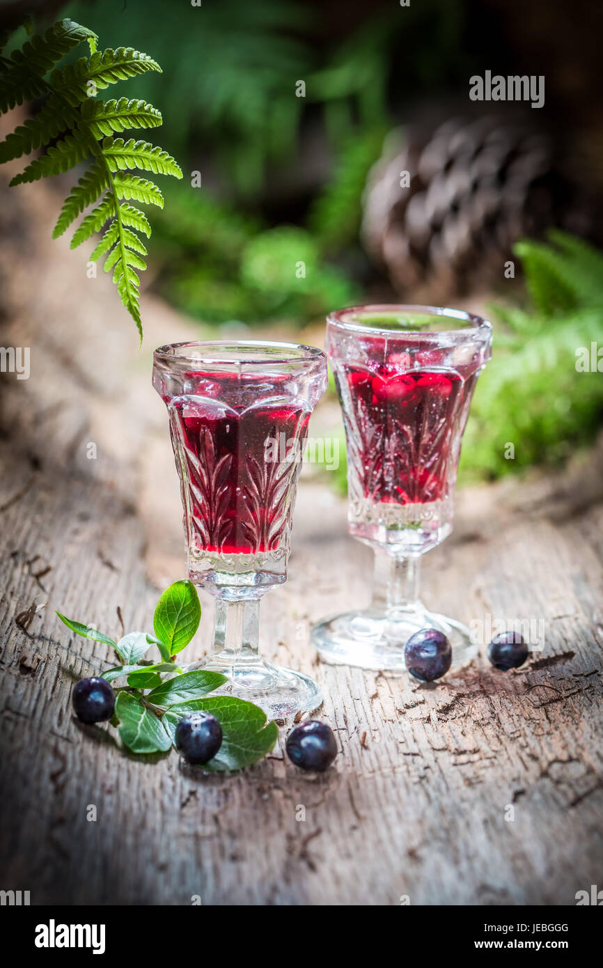 Tasty liqueur made of alcohol and blueberries in forest Stock Photo - Alamy