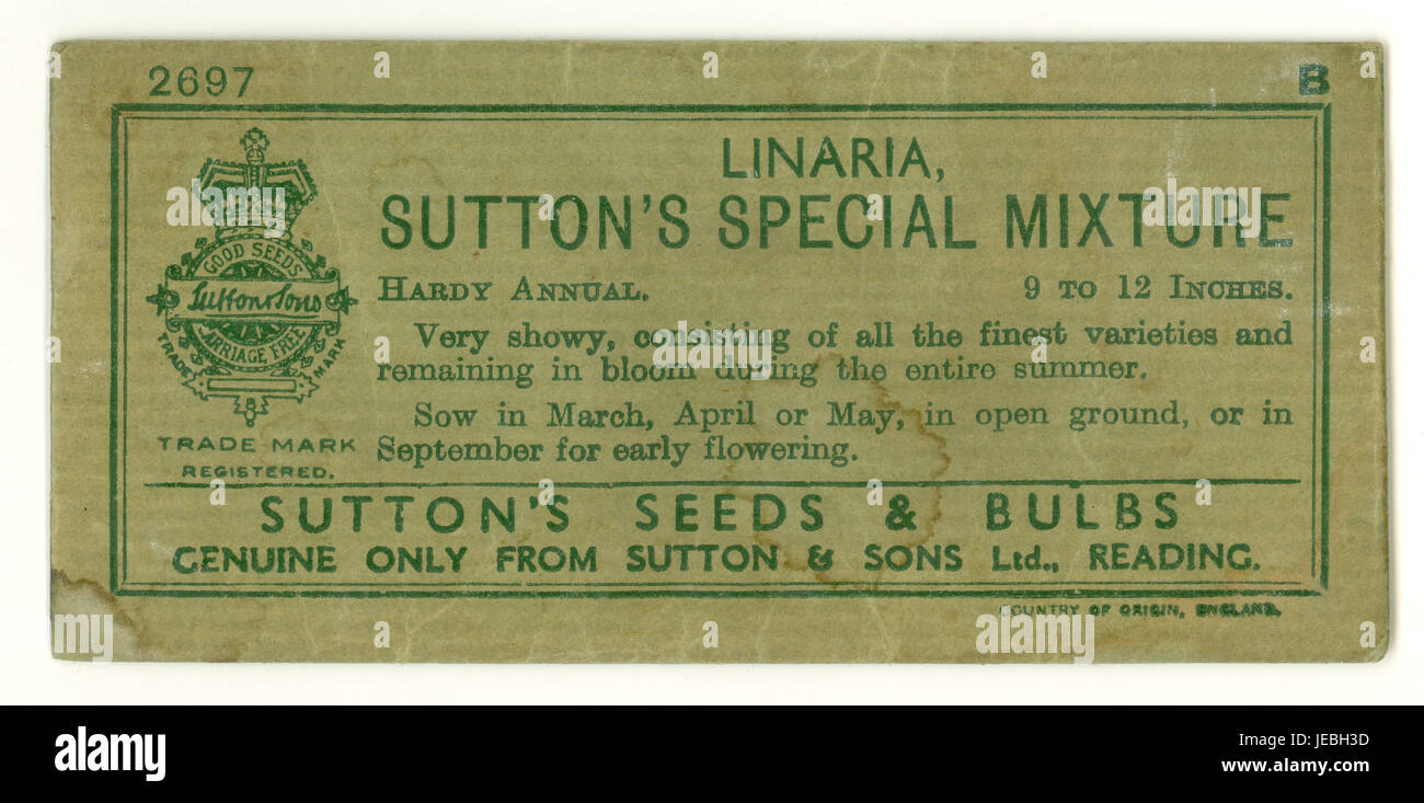 Early 1900's packet of Sutton's Seeds Special Mixture or LInaria seeds ...