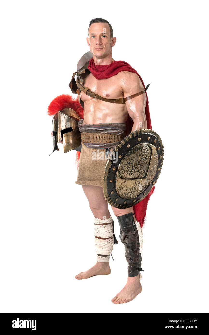 Ancient warrior or Gladiator posing over a white background Stock Photo ...